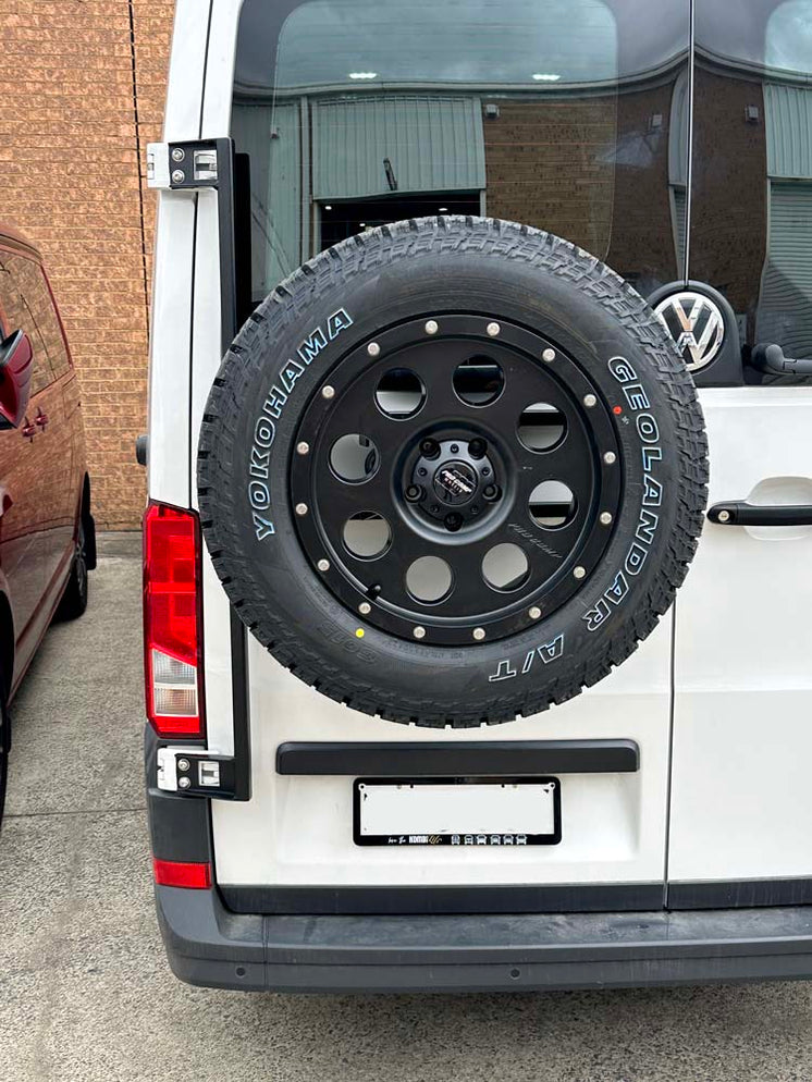 VW Crafter Rear Door Spare Wheel Carrier — KombiLife Australia